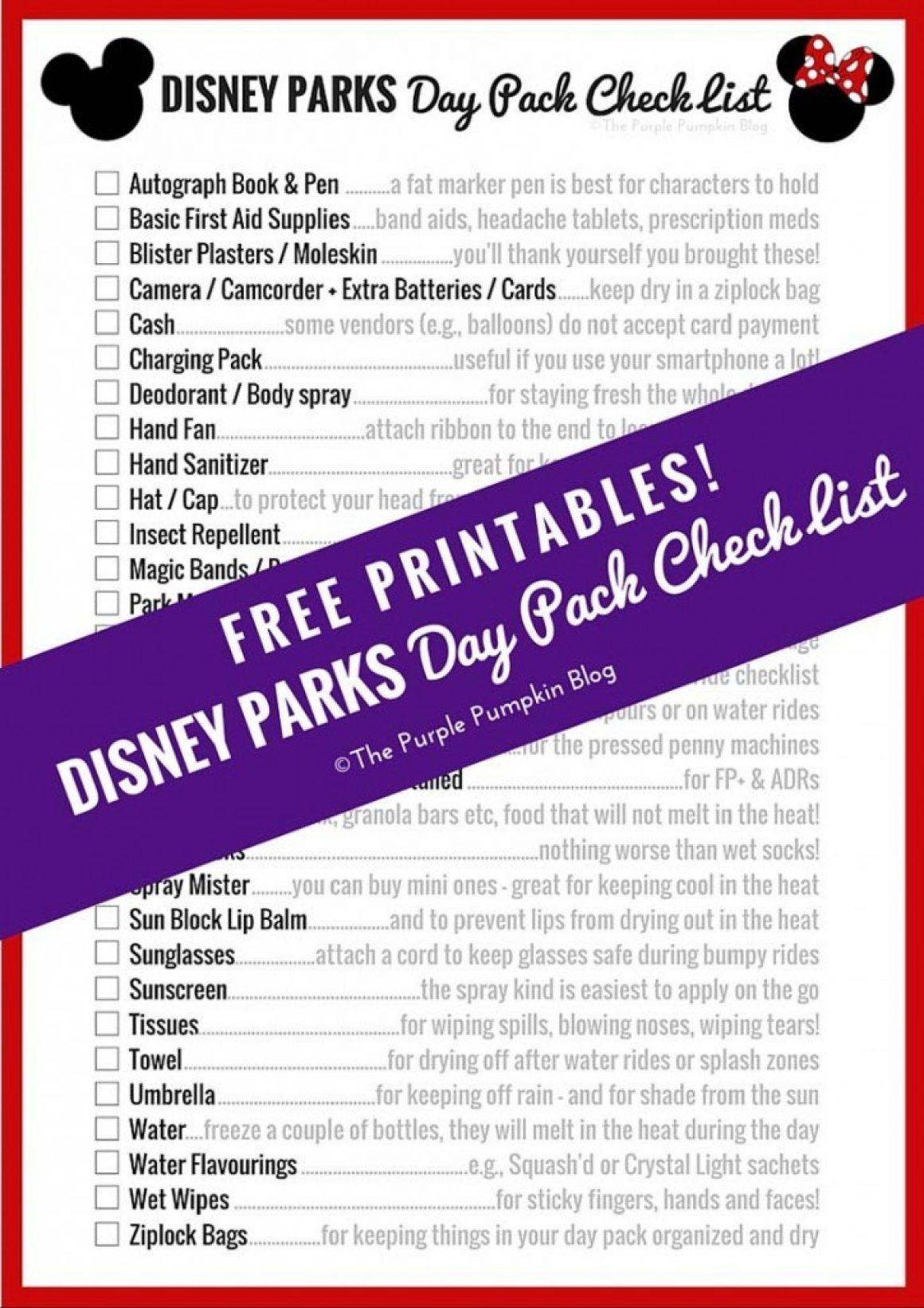 Disney Parks Day Pack Checklist - Free Printables!
