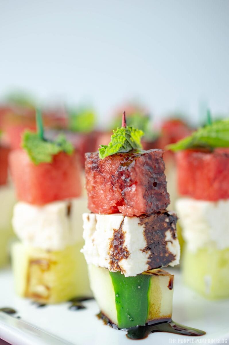 Cucumber Feta Watermelon Skewers Party Appetizer with Balsamic Glaze
