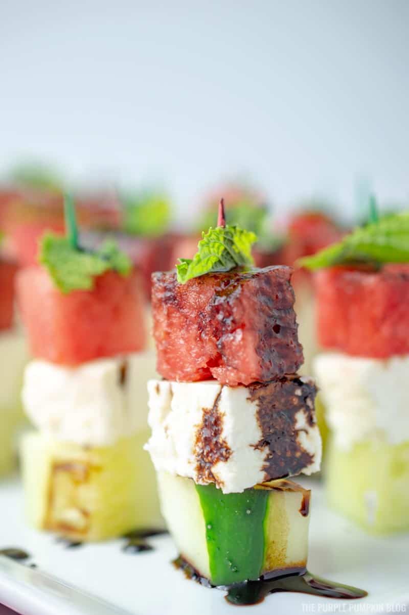 Cucumber Feta Watermelon Skewers Party Appetizer with Balsamic Glaze
