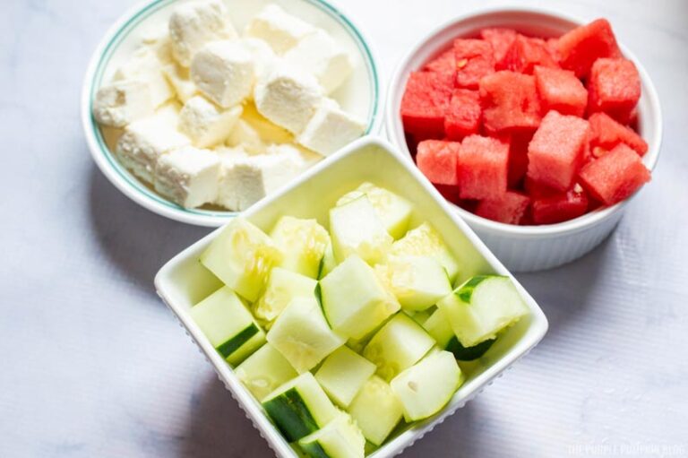Cucumber Feta Watermelon Skewers Party Appetizer with Balsamic Glaze