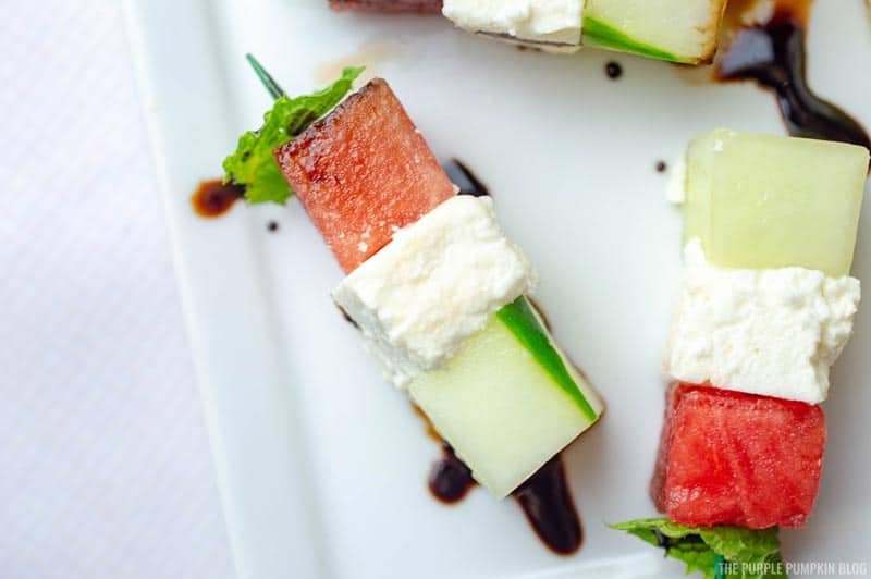 Cucumber Feta Watermelon Skewers Party Appetizer with Balsamic Glaze