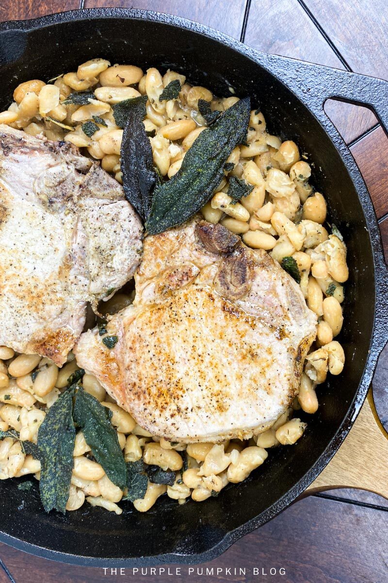 Tuscan Pork Chops with White Beans and Crispy Sage