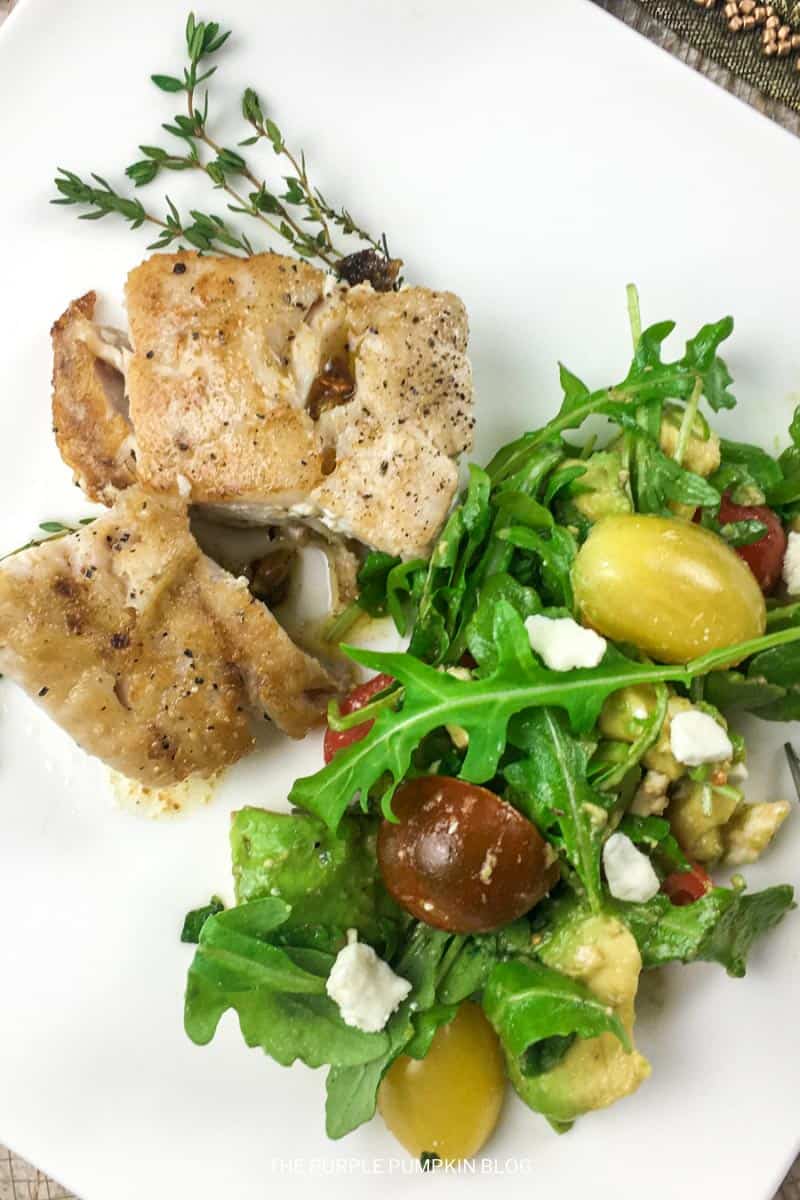 Seared Grouper in Lemon Thyme Sauce with Arugula Avocado Salad