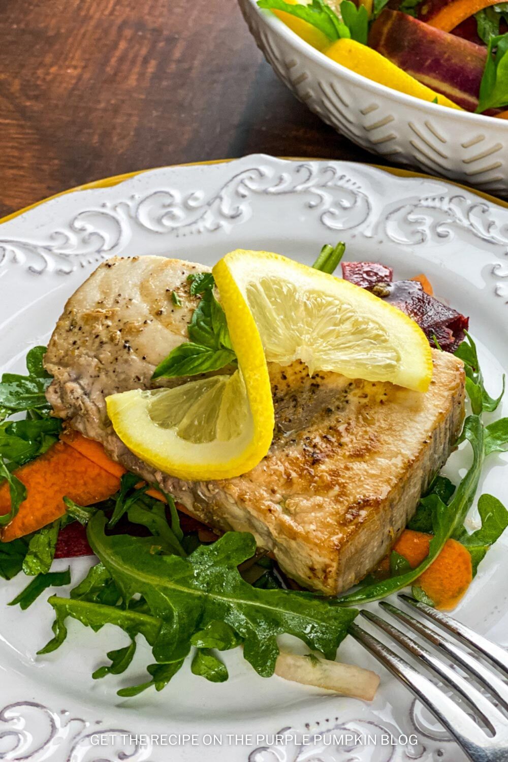 Pan-Seared Swordfish with Carrot Ribbon Salad & Lemon Vinaigrette