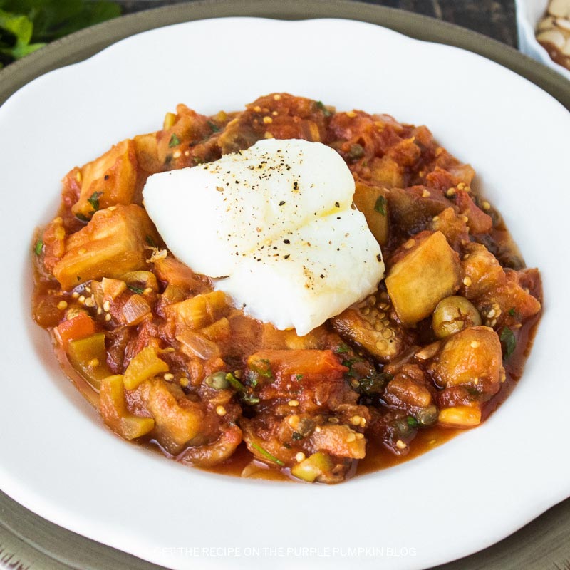 Sicilian Caponata Recipe (Eggplant & Vegetable Dish) with Baked Cod