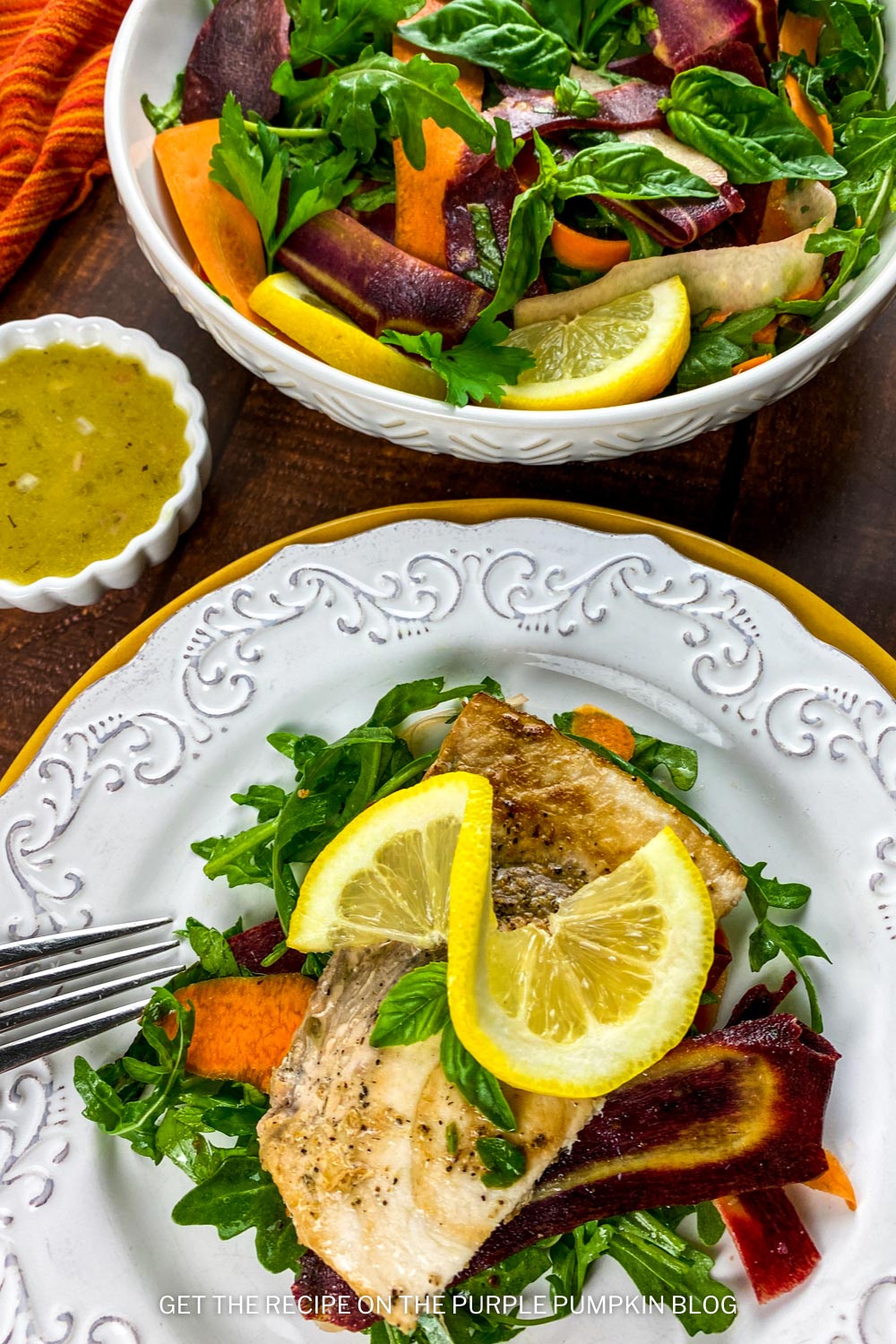 Pan-Seared Swordfish with Carrot Ribbon Salad & Lemon Vinaigrette