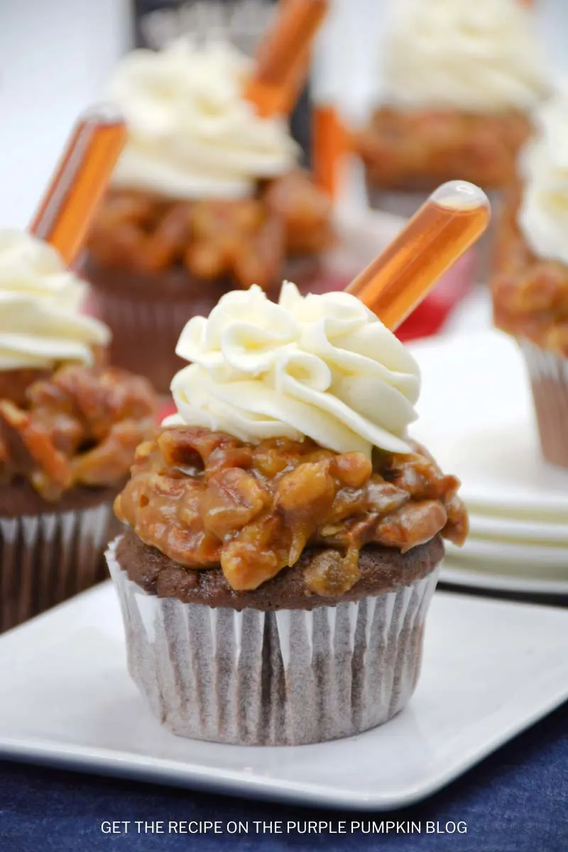 Whiskey Pecan Chocolate Cupcakes With a Pipette of Whisky on Top!